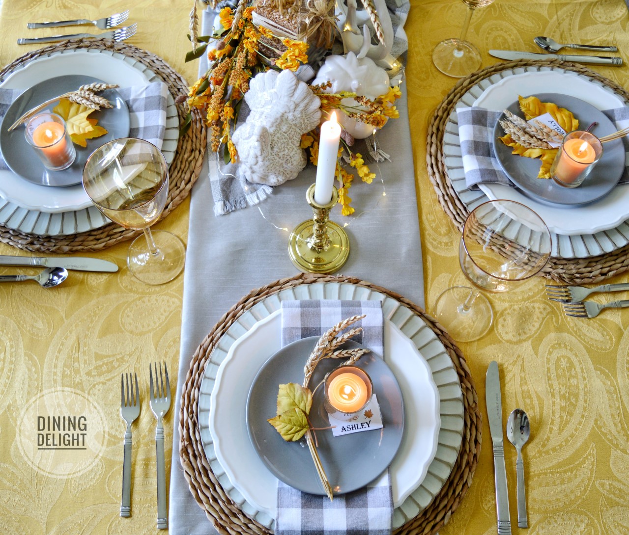 Dining Delight: Yellow & Gray Harvest Themed Thanksgiving Tablescape