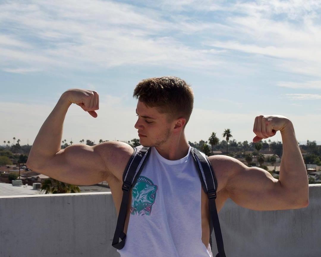 Cute Young College Bro Backpack White Shirt Flexing Huge Swole Biceps Strong Teen Hunk