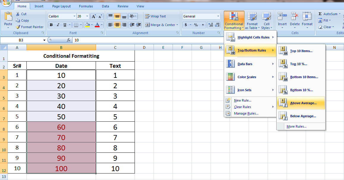 Online/Offline Earn Money With Easy Skills : Excel conditional formatting above and below average