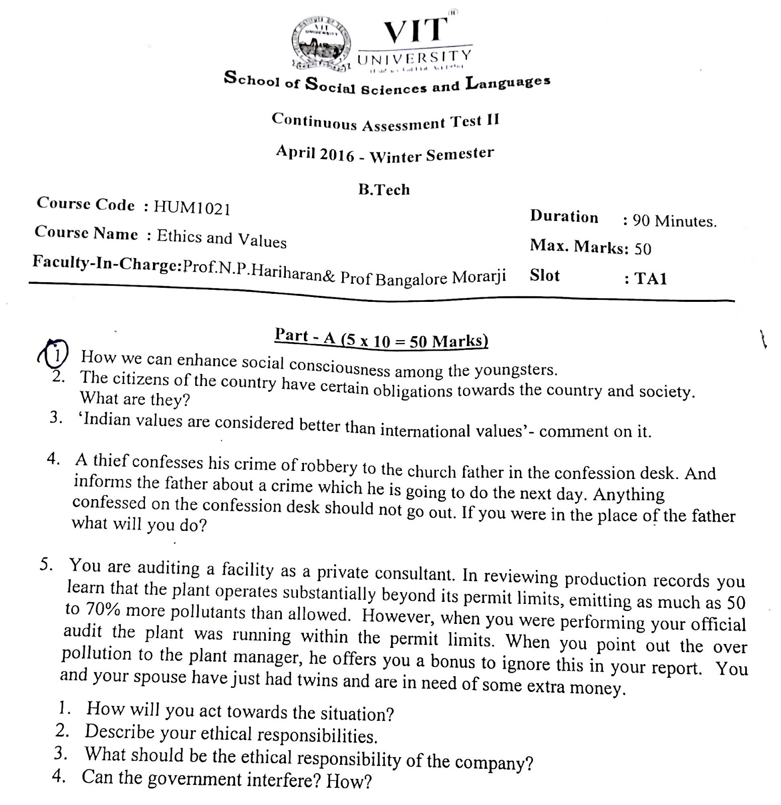 CAT TWO (2) QUESTION PAPERS OF 3 APRIL EVENING 2016. | VIT SKILL RACK ...