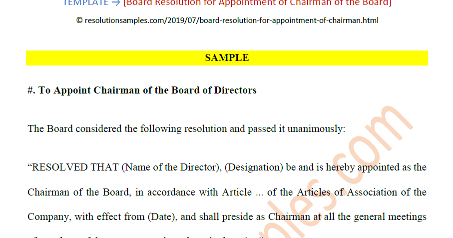 Draft Board Resolution Appointment of Chairman of the Board