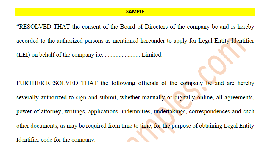 Format of Board Resolution for Legal Entity Identifier (LEI) Code