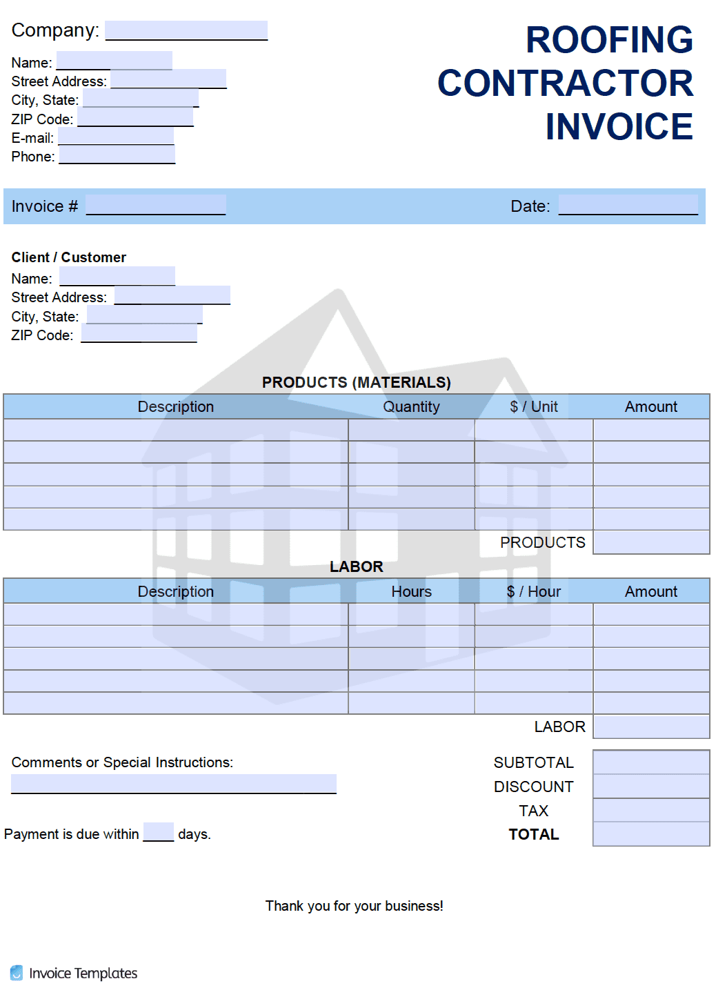 Roofing Contractor Invoice Template - Invoice Template