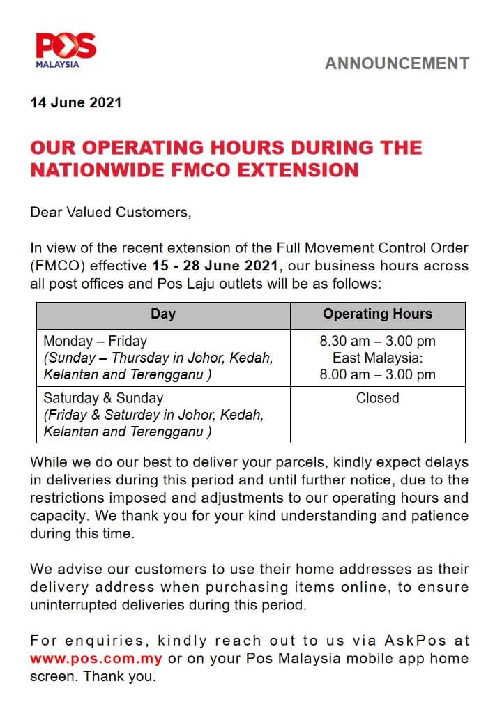 Waktu Operasi Pejabat Pos dan Pos Laju semasa PKP Penuh mulai 15 Jun ...