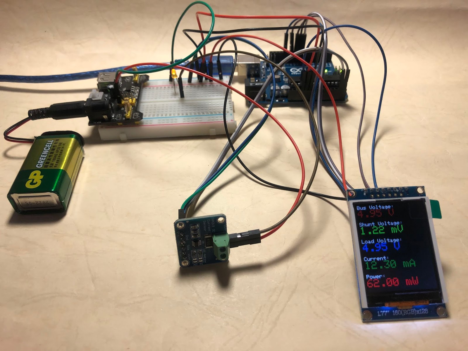 Arduino(9): 1.77" TFT LCD display INA219 current sensor & voltage value
