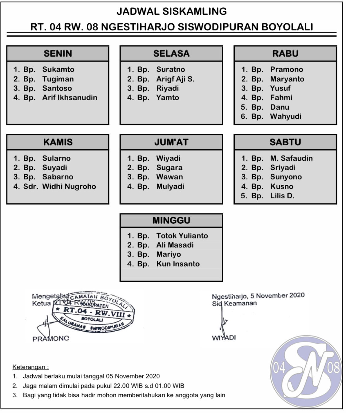 JADWAL RONDA & SANDI KENTONGAN