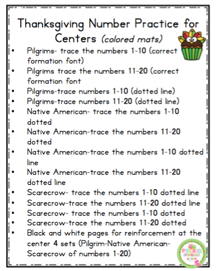 Thanksgiving Number Practice for Centers ~ Preschool Printables