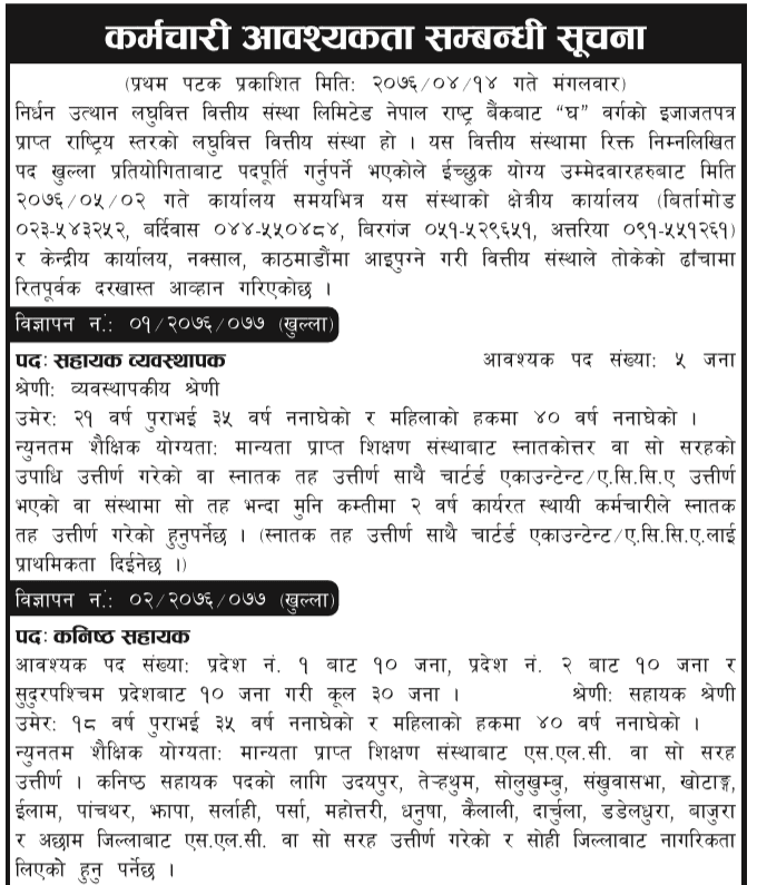 Jobs at Nirdhan Utthan Laghubitta Bittiya Sanstha Ltd