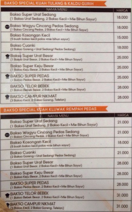 Harga Menu Bakso Boedjangan Jakarta Terbaru 2017