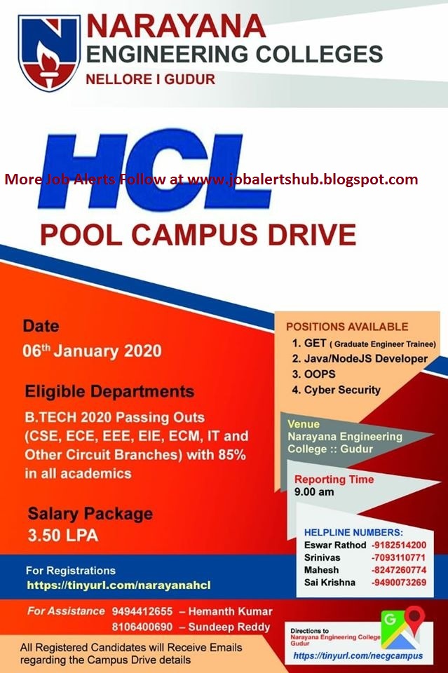 HCL - Pool Campus Drive for Freshers 6th Jan' 2020 @ Narayana ...