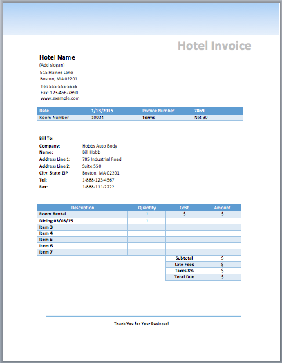 Hotel Room Invoice - Invoice Template