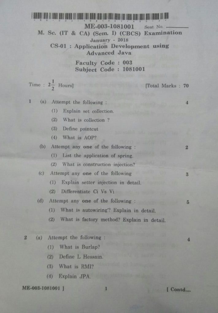 MScIT&CA Semester I December 2017 Advance Java Question Paper