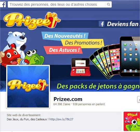 Les jeux flash gratuits de Prizee: La page Facebook de Prizee