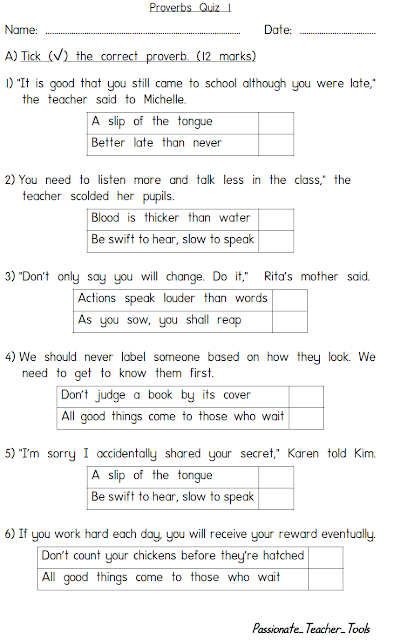 Passionate Teacher Tools: Proverbs Quiz 1 (With Answers)