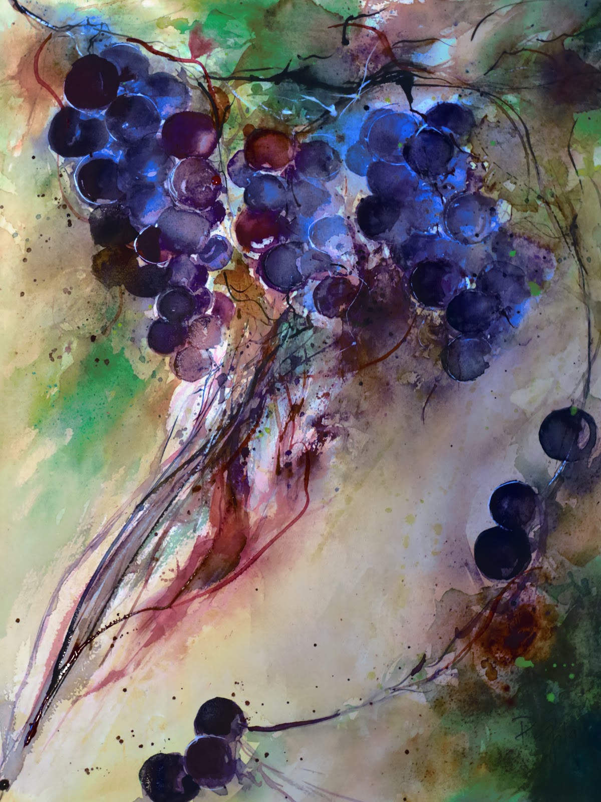 Aquarelles Roswitha Gilg: Wettolsheim, cep et raisin