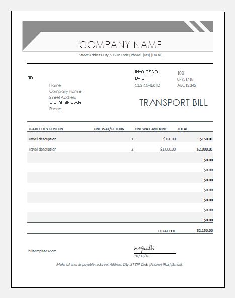Transport Bill Sample Format In Word - Invoice Template