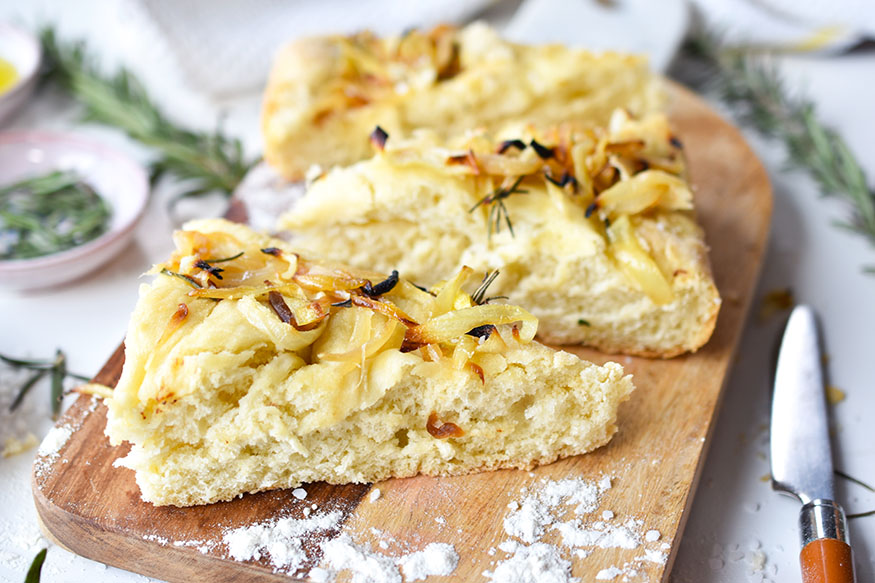Woman in Real Life: Easy Rosemary and Onion Focaccia (knead by hand or ...