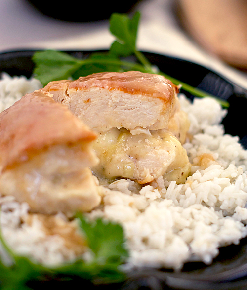Brie-Stuffed Chicken Breasts with Pear and Cider Sauce ~ Heat Oven to 350