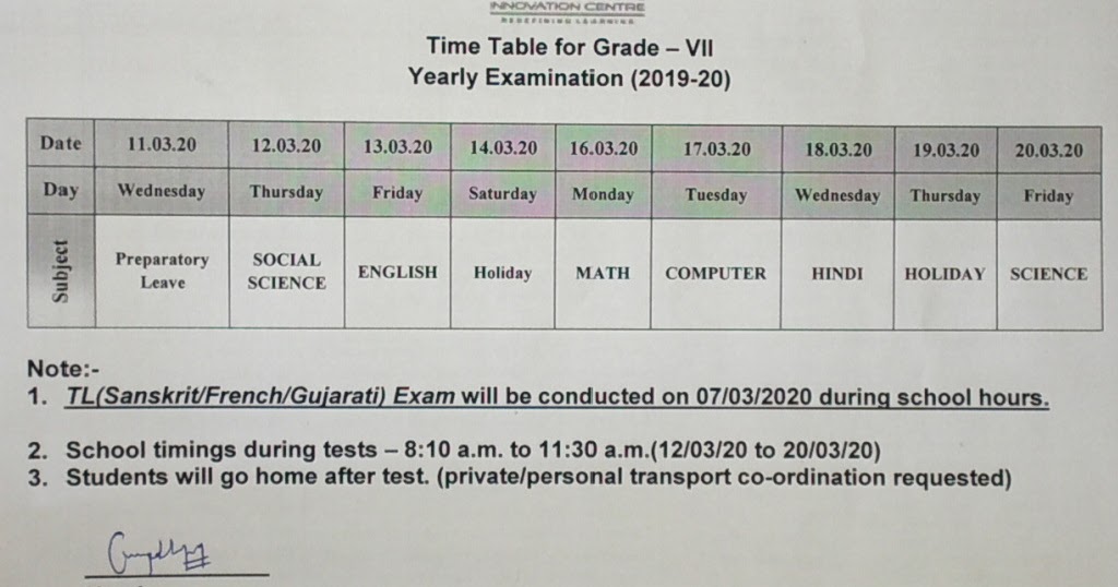 Yearly Syllabus and Examination Time Table