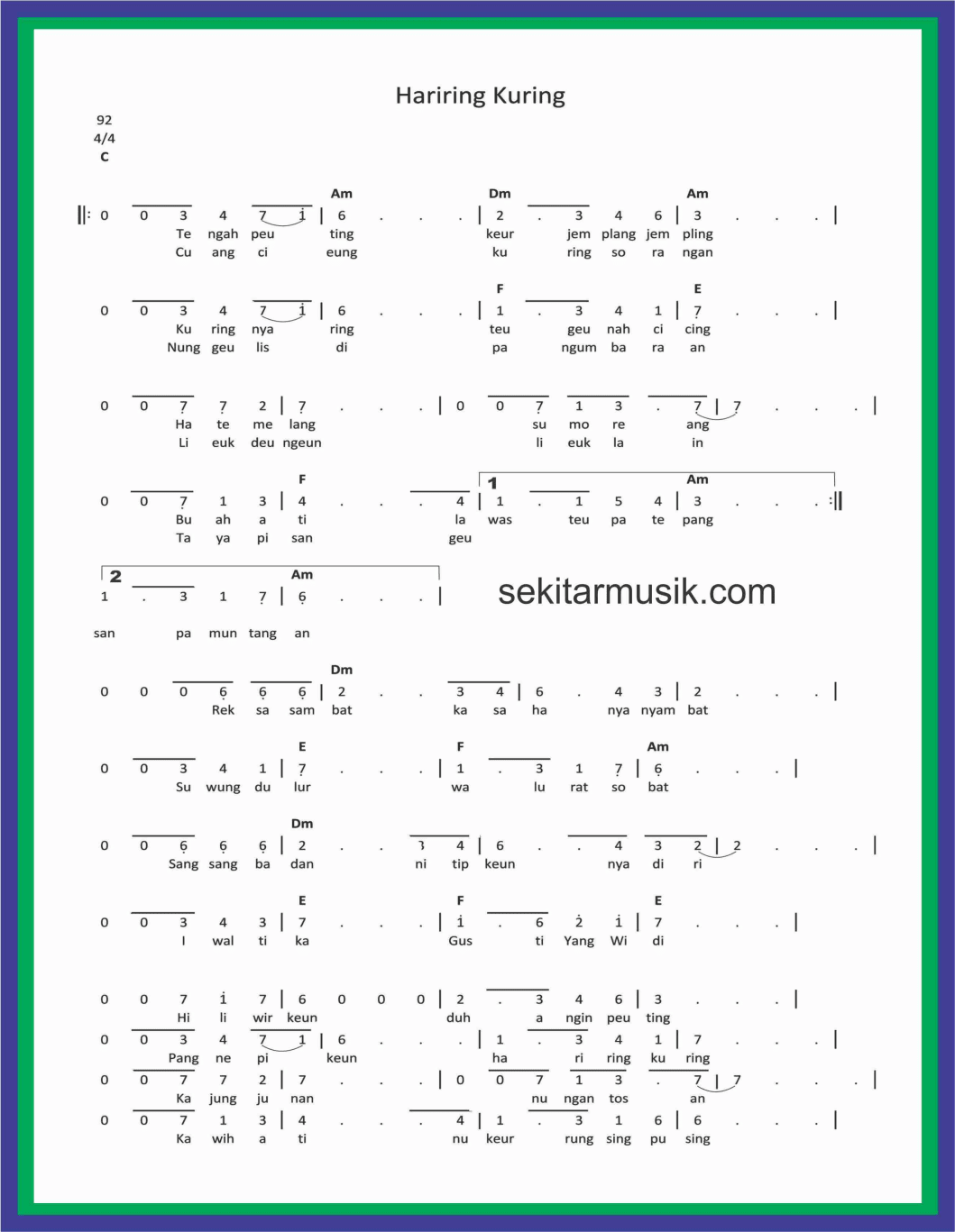 Not Angka Lagu Hariring Kuring - SEKITAR MUSIK