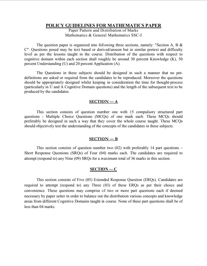 Fbise class 9 Math model Paper new with pattern & marks distribution ...