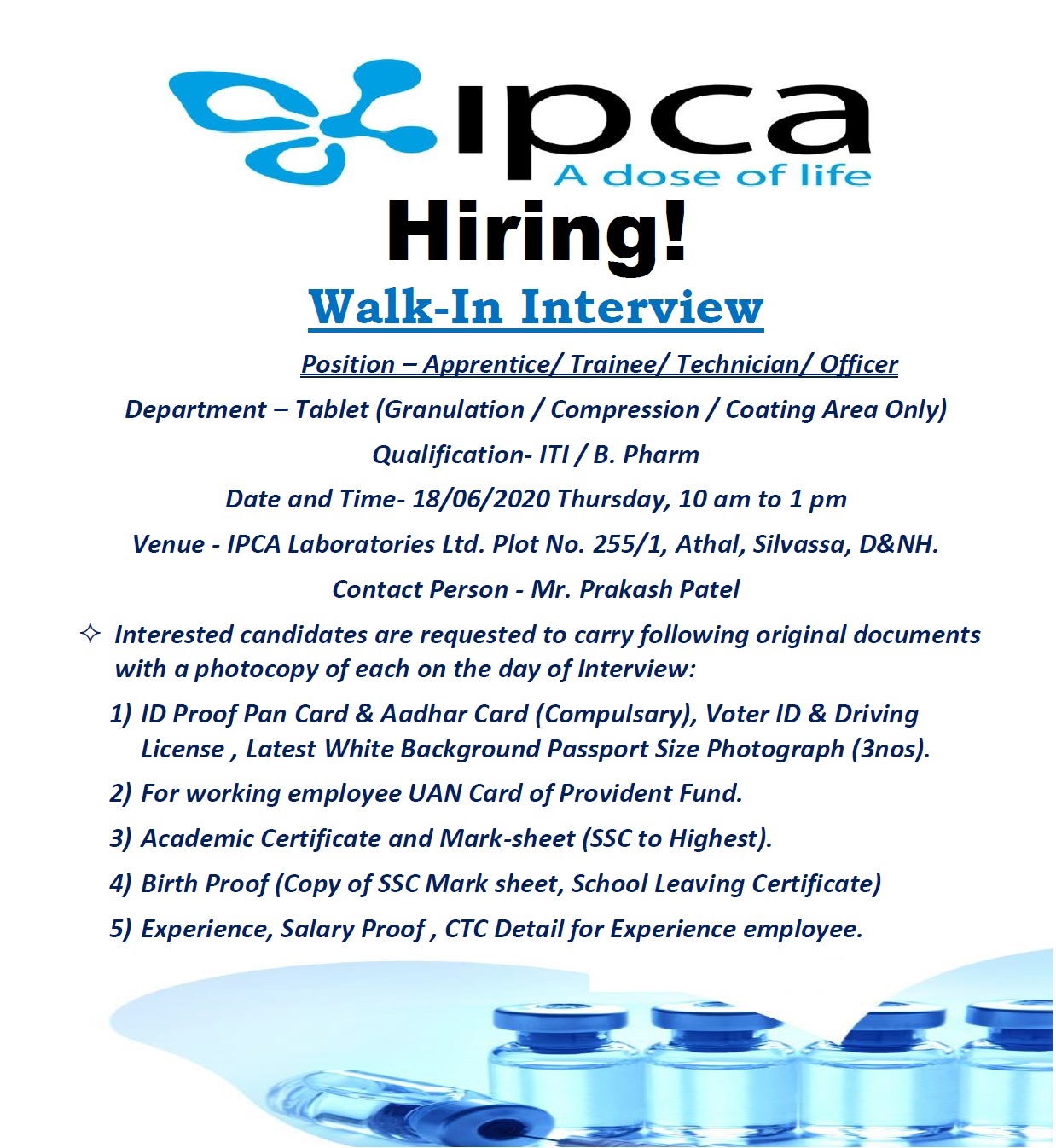 Ipca Laboratories - Walk-In Interviews for Freshers & Experienced - 18 June 2020 - PHARMA JOB FINDER