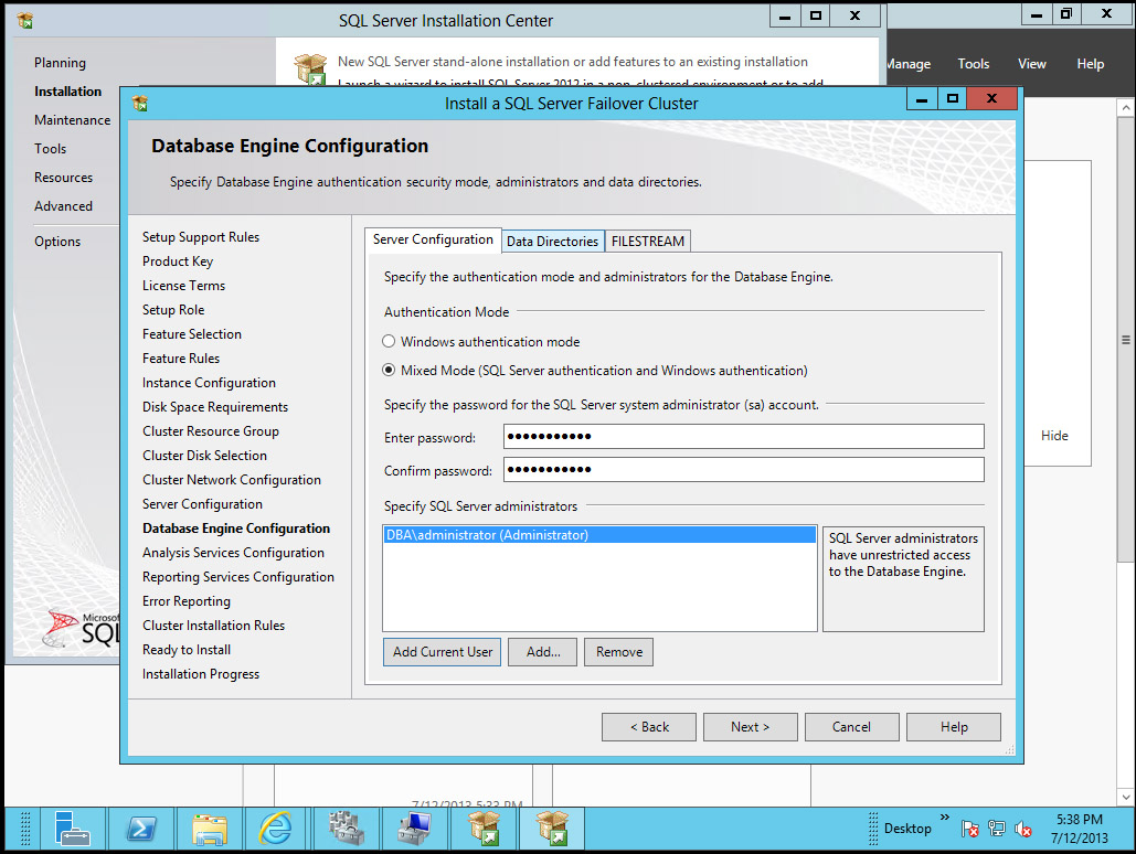MySQL and SQL Server: Microsoft SQL Server 2012 cluster installation step by step