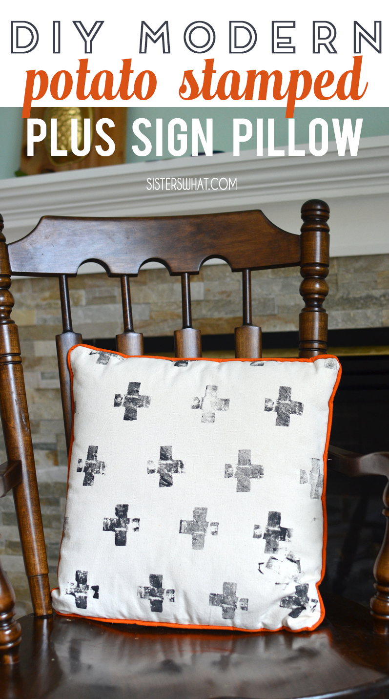 Potato Stamped Plus Sign Pillow sewing - Sisters, What!