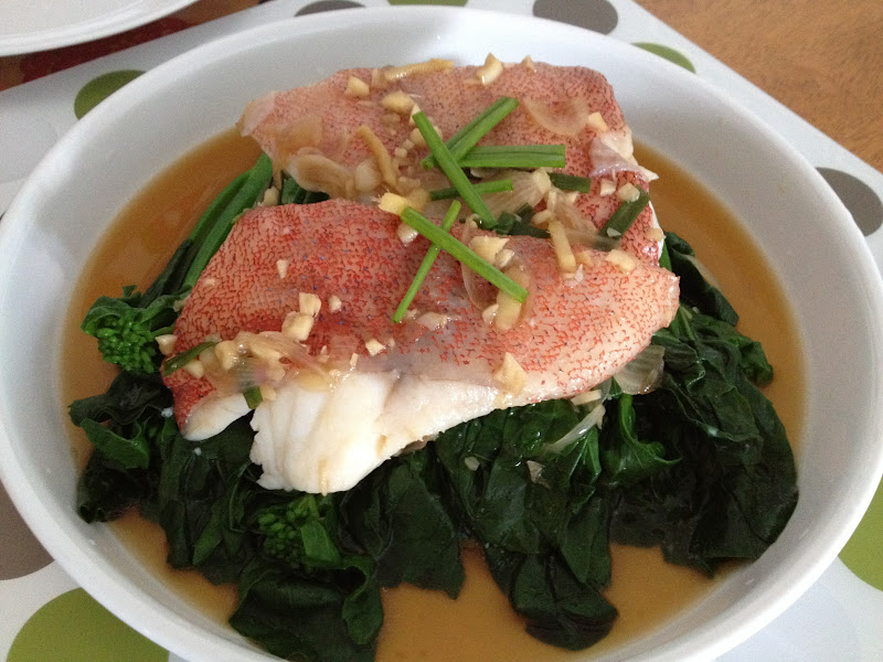Steamed Red Grouper with Light Soy Sauce on Kailan Vegetables