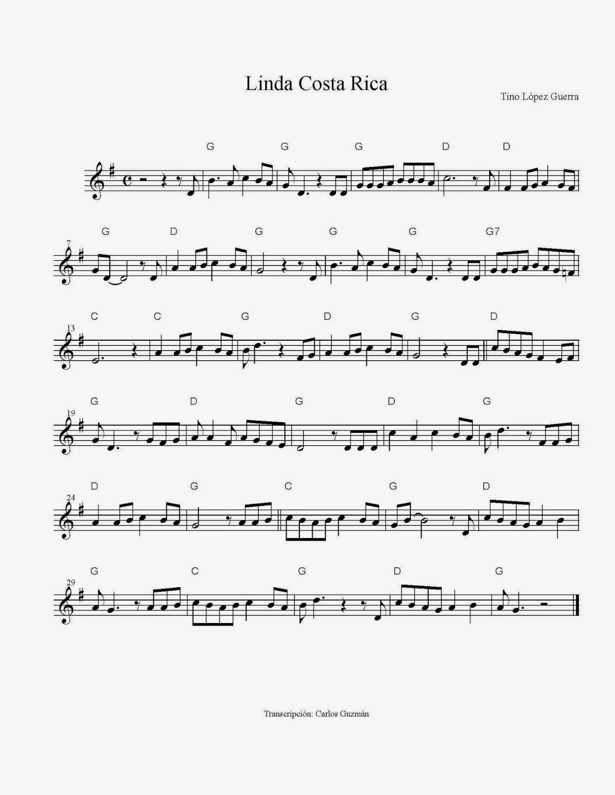 Linda Costa Rica Partitura Música y Letra | FORCOS Costa Rica