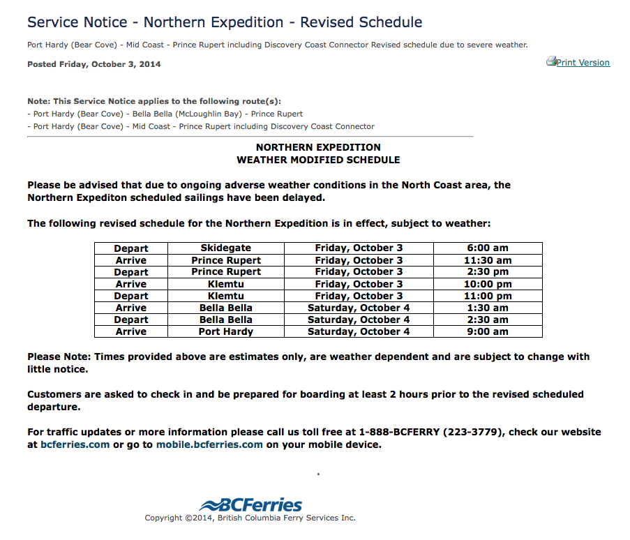 North Coast Review: BC Ferries on Revised Schedule due to weather