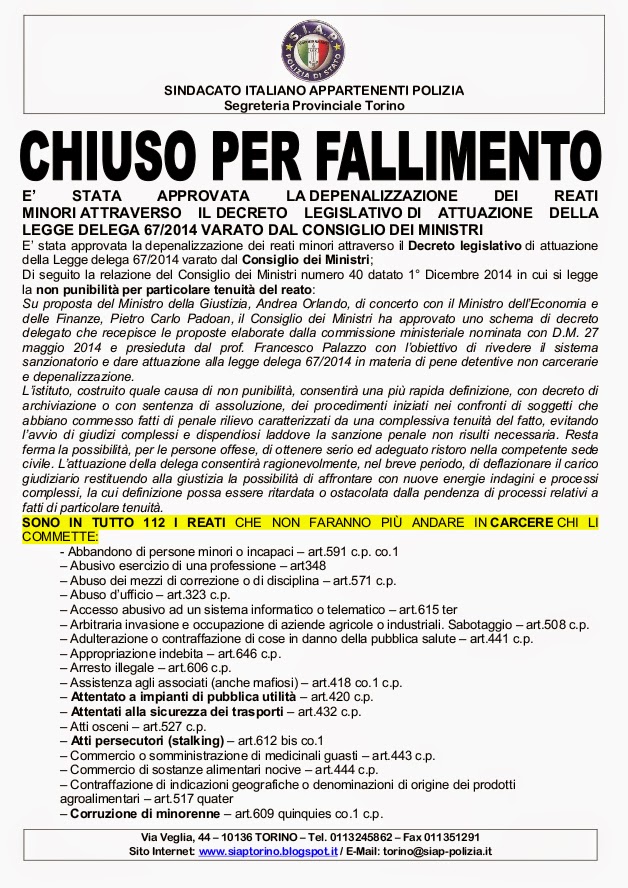 S.I.A.P. - Segreteria Provinciale Torino: CHIUSO PER FALLIMENTO - ALTRI ...