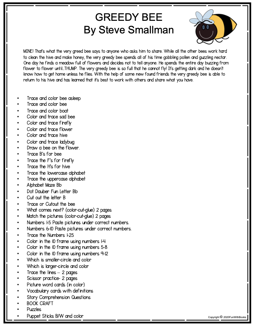 THE GREEDY BEE BOOK UNIT AND CRAFT ~ Book Units by Lynn