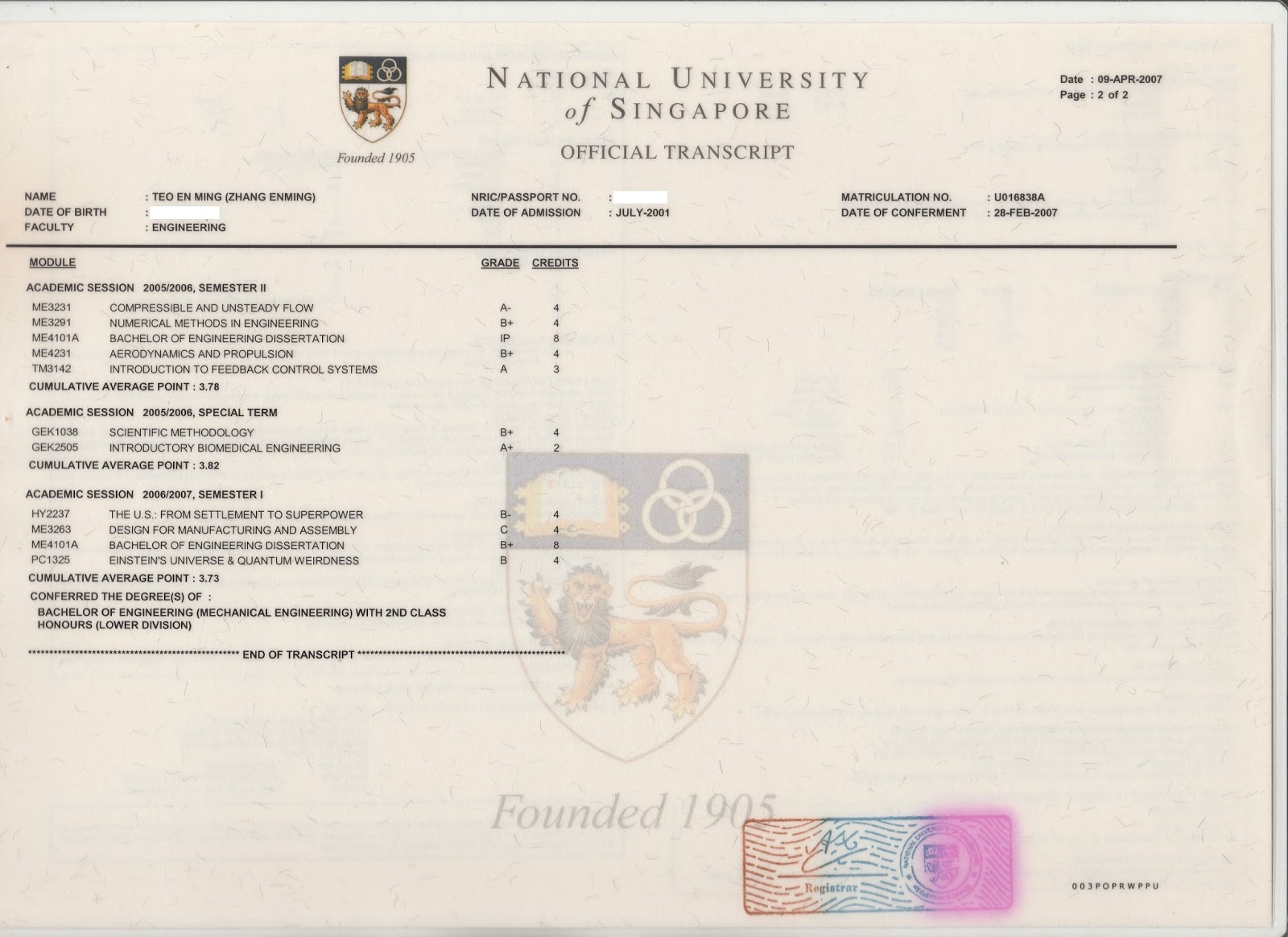 NUS Academic Transcript Page 2 of 2