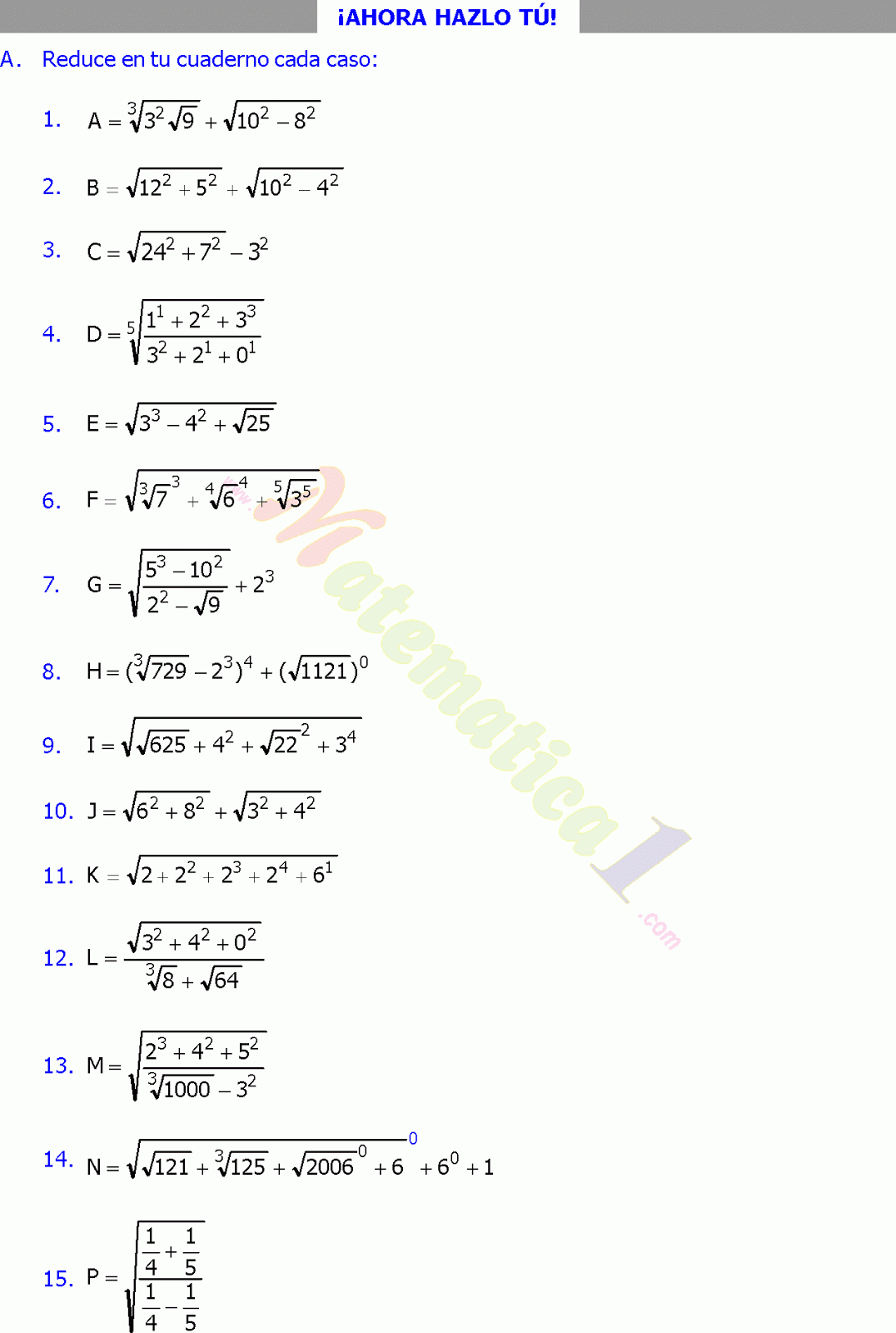 RADICACIÓN Y RAICES EJEMPLOS EJERCICIOS PARA RESOLVER DE MATEMÁTICAS DE ...