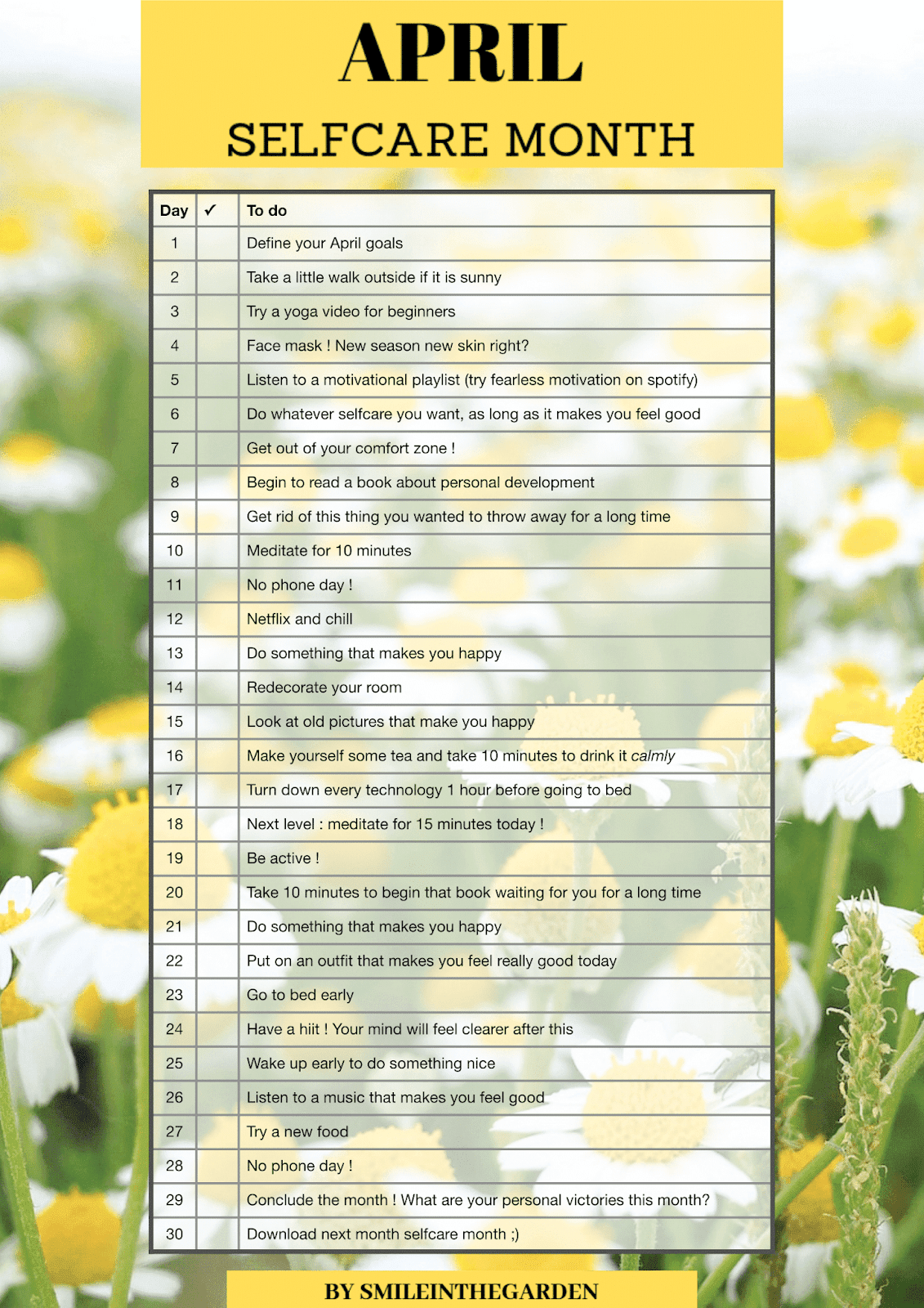 April selfcare checklist - SMILEINTHEGARDEN