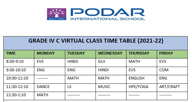 PIS BARODA STD-4: GRADE 4C- TIME TABLE OF VIRTUAL CLASS