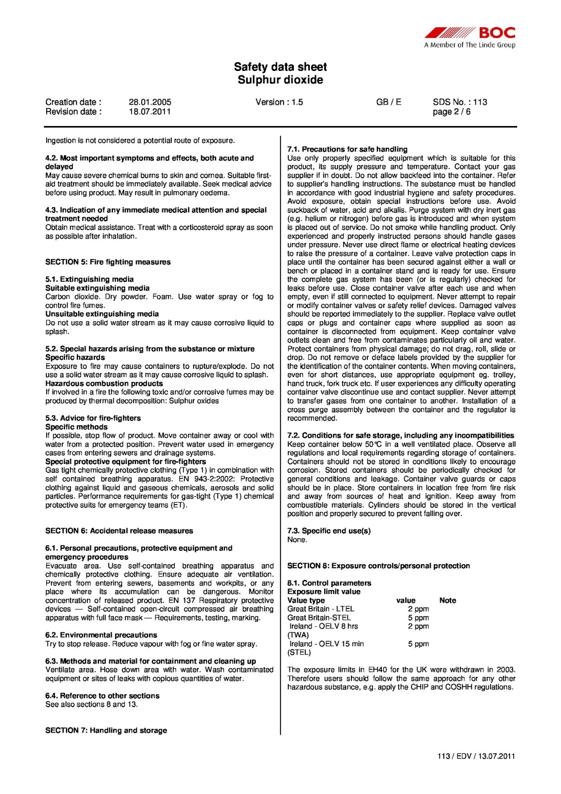 MSDS Sulphur Dioxide (SO2)