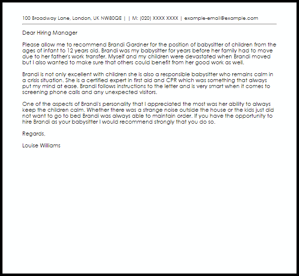 Babysitting Reference Letter ~ Certificate Letter