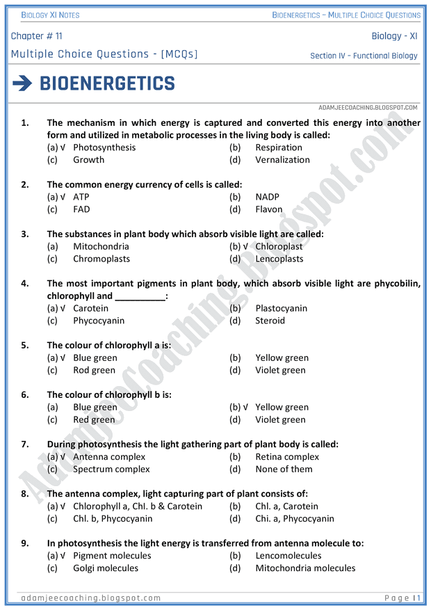 Adamjee Coaching: Bioenergetics - MCQs - Biology 11th
