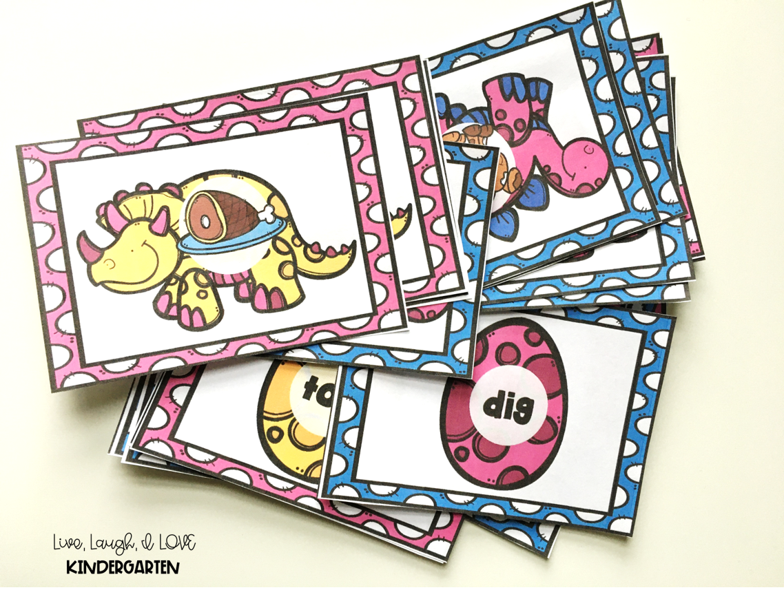 There are dinosaur picture cards and dinosaur egg word cards.