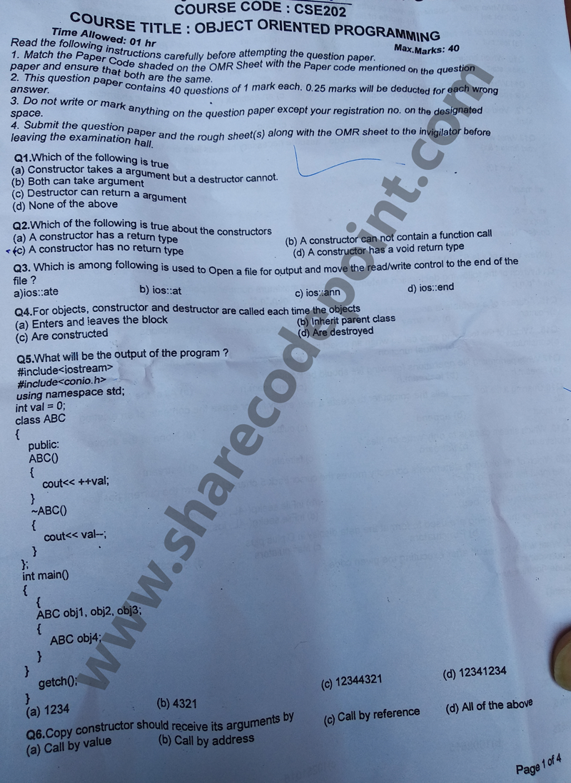 Cse202 Object Oriented Programming Mid Term Exam Question Paper Cse 202 Lpu Question Paper