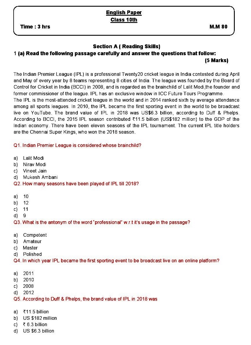 Class 10--Sample Paper English 2020-21 - Class 10