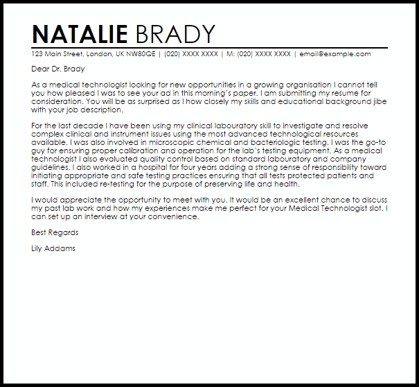 Cover Letter Sample Medical Technologist Sample Letter Cover Letter Sample Medical Technologist Sample Letter