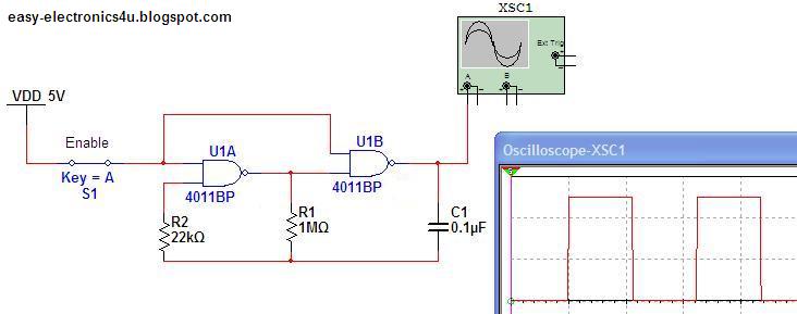 Simple rectangular oscillator using CD4011 (Nand gates) ~ Easy Electronics