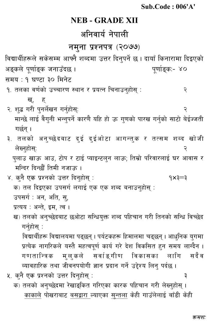 NEB Grade 12 Compulsory Nepali Model Question -Set 1