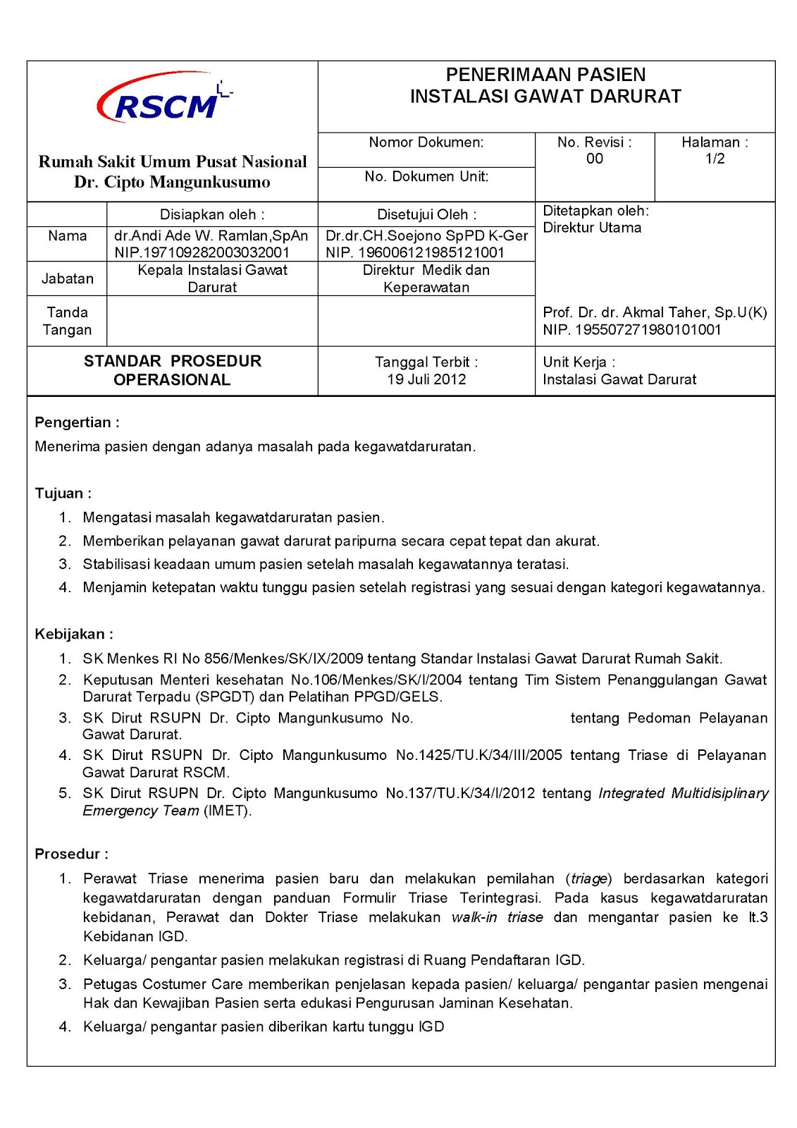 BEDAH UMUM FKUI: SPO Penerimaan Pasien IGD