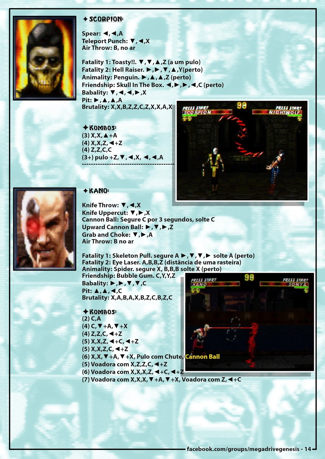 MegaDrive/Genesis: Ultimate Mortal Kombat 3 Move List, cheats e fatalities , (XYZ/ABC) Mega ...