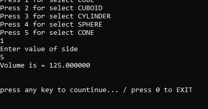 C Program To Calculate Volume Of CUBE,CUBOID, CYLINDER, SPHERE ,CONE ...