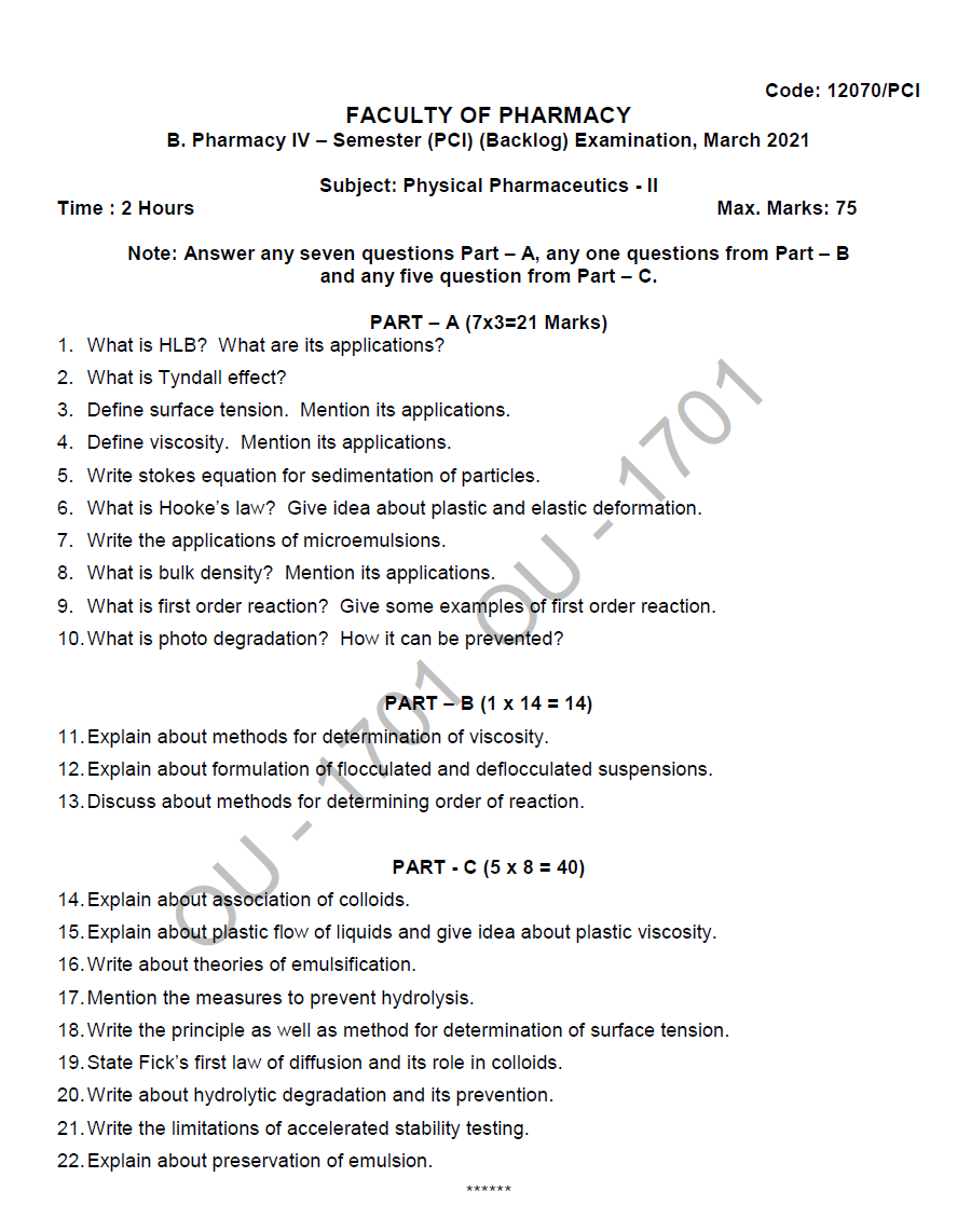Osmania University B. Pharmacy IV-Semester (PCI) (Backlog) Subject ...
